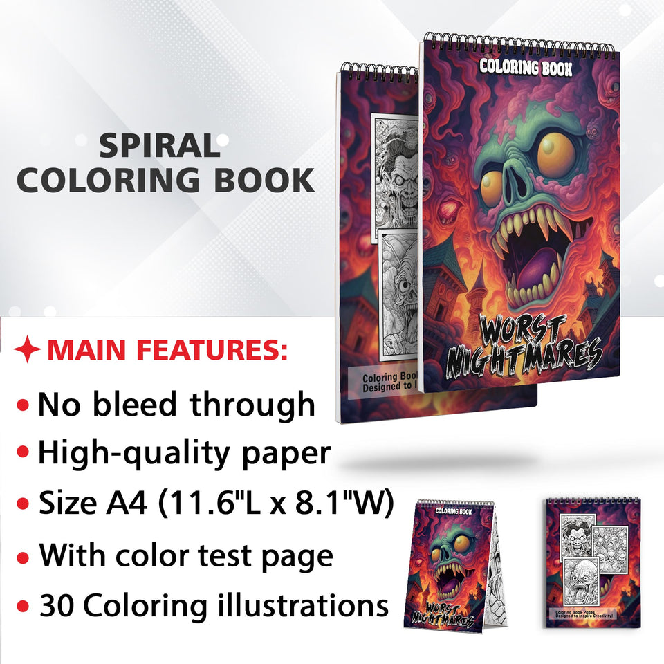 Worst Nightmares Spiral Coloring Book: 30 Coloring Pages of Sinister N ...