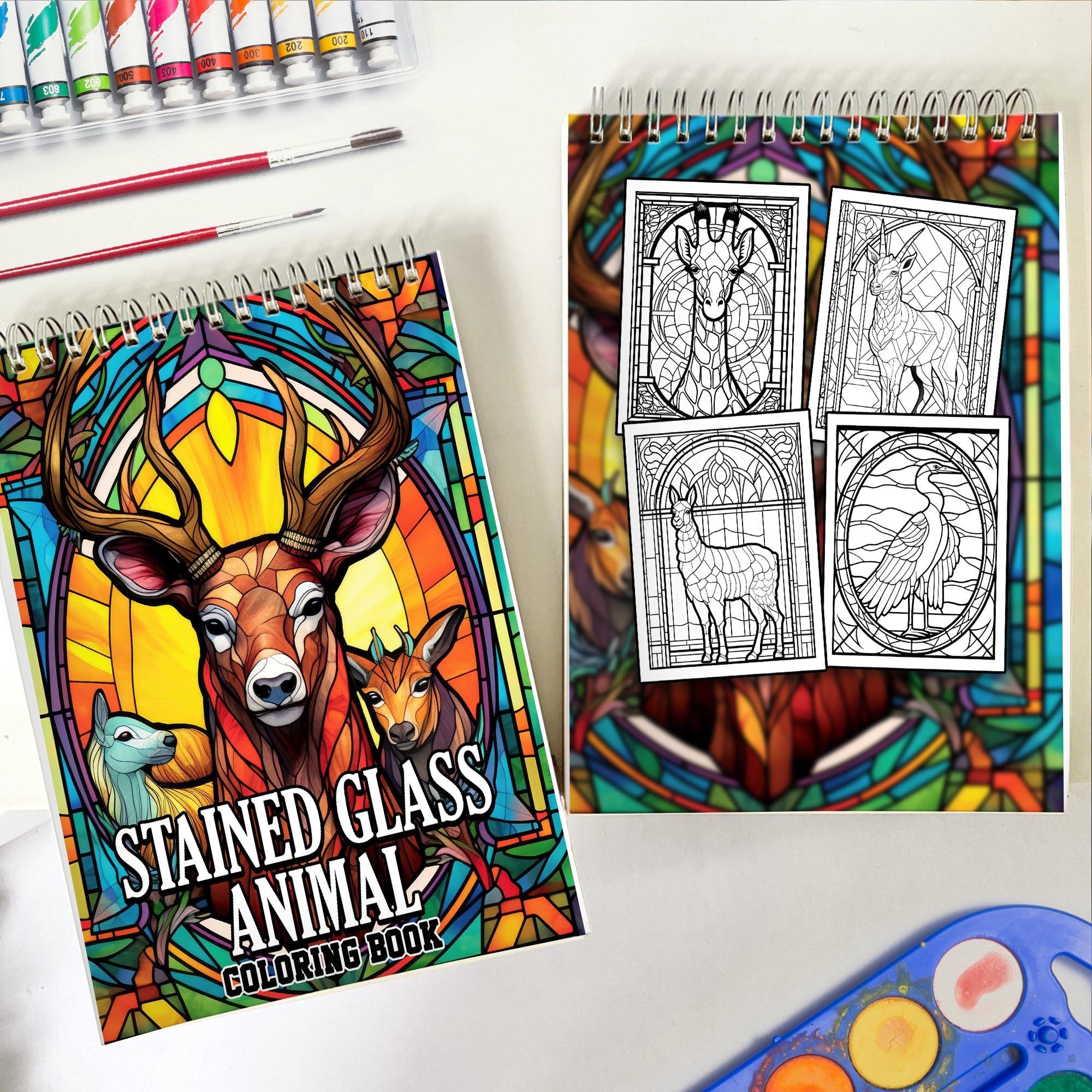 Stained Glass Animal Spiral Coloring Book: 30 Exquisite Coloring Pages ...